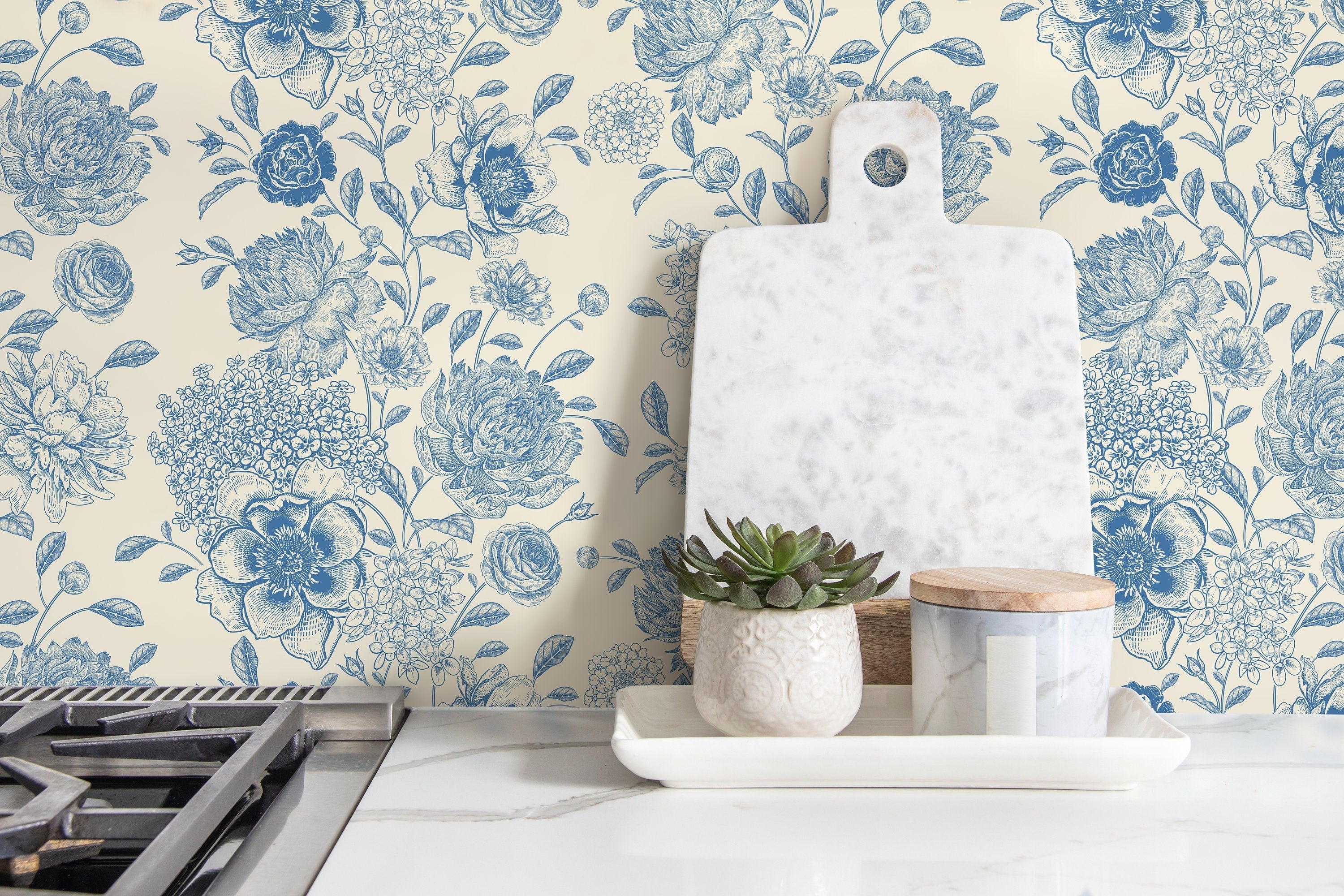 Blue Vintage Floral Wallpaper Peel and Stick Wallpaper Removable Wallpaper Home Decor Wall Art Wall Decor Room Decor D052
