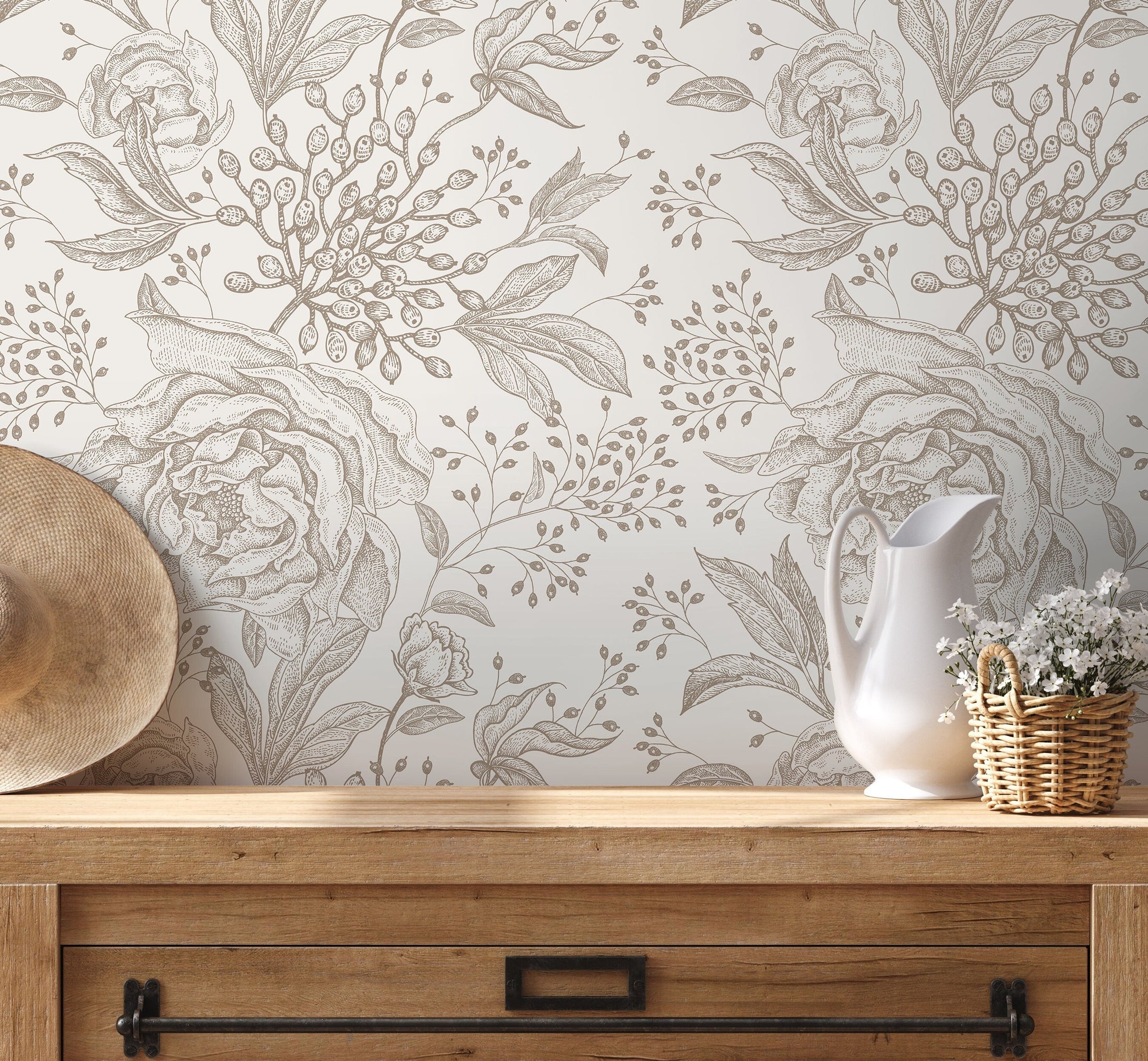 Beige Boho Roses Wallpaper Boho Peony Wallpaper Peel and Stick Removab ...