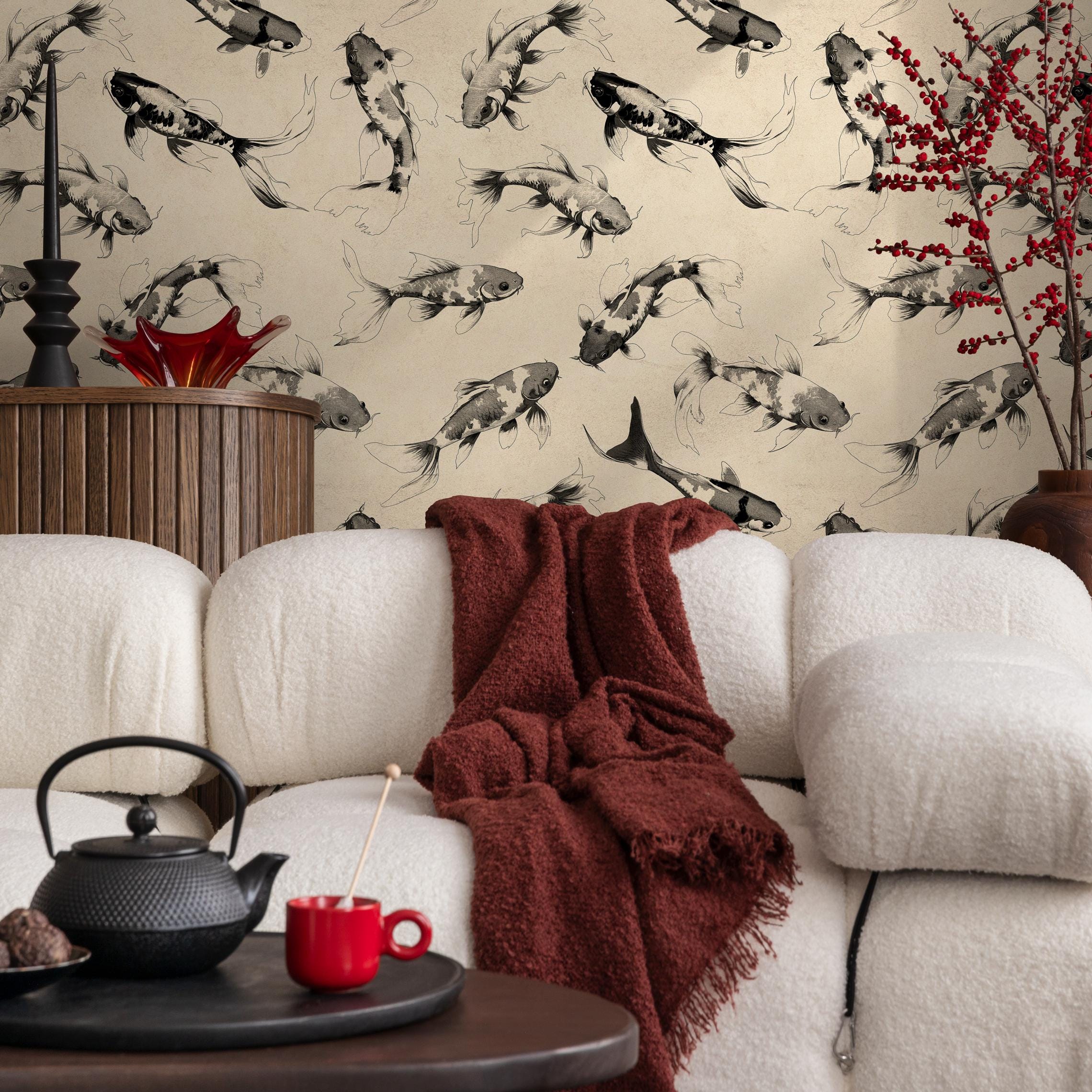 Koi fish wallpaper, Vintage marine wall mural, Japanese waves, Japanes ...