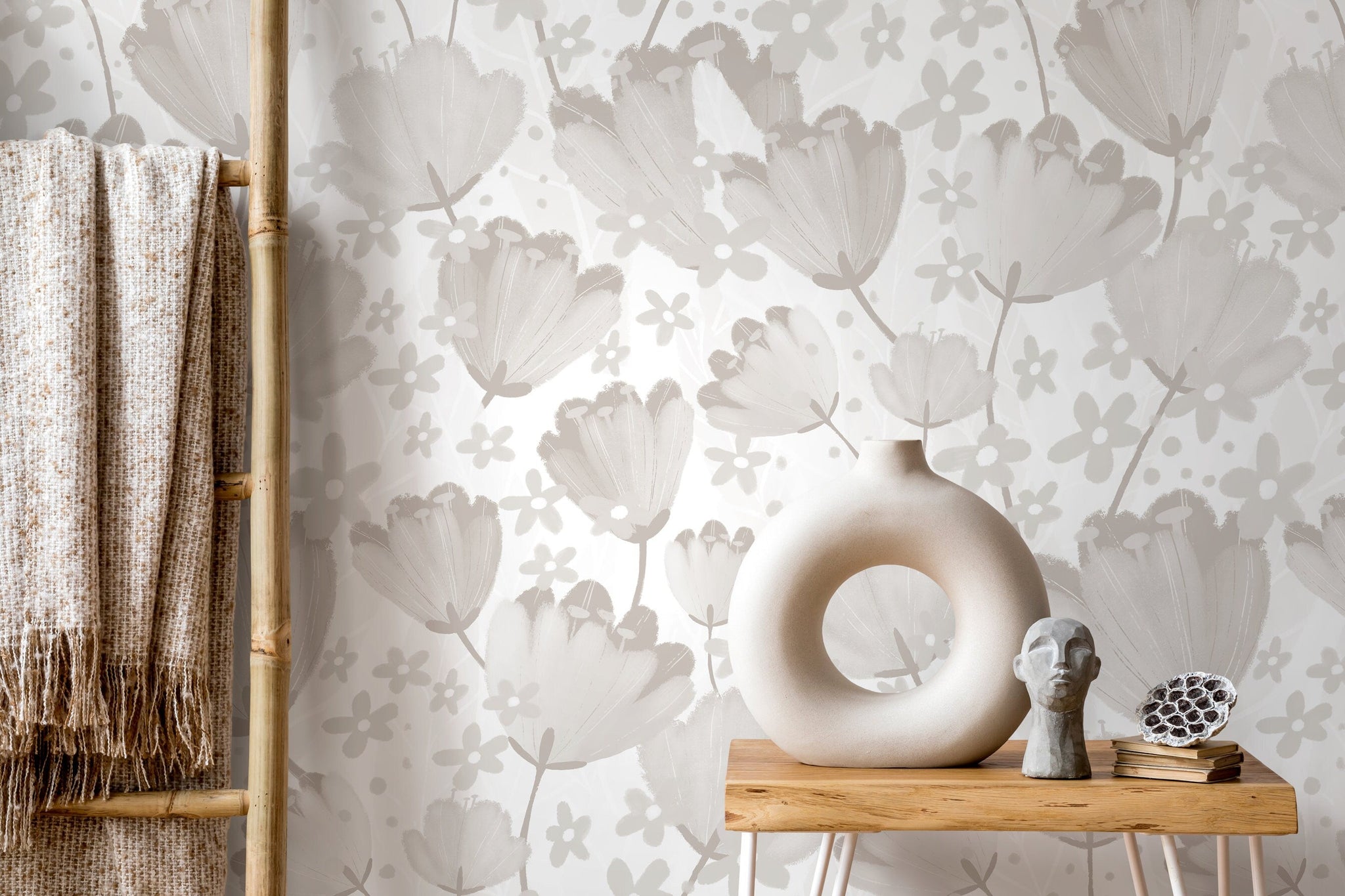 Neutral Minimalist Flower Wallpaper / Peel and Stick Wallpaper Removab ...