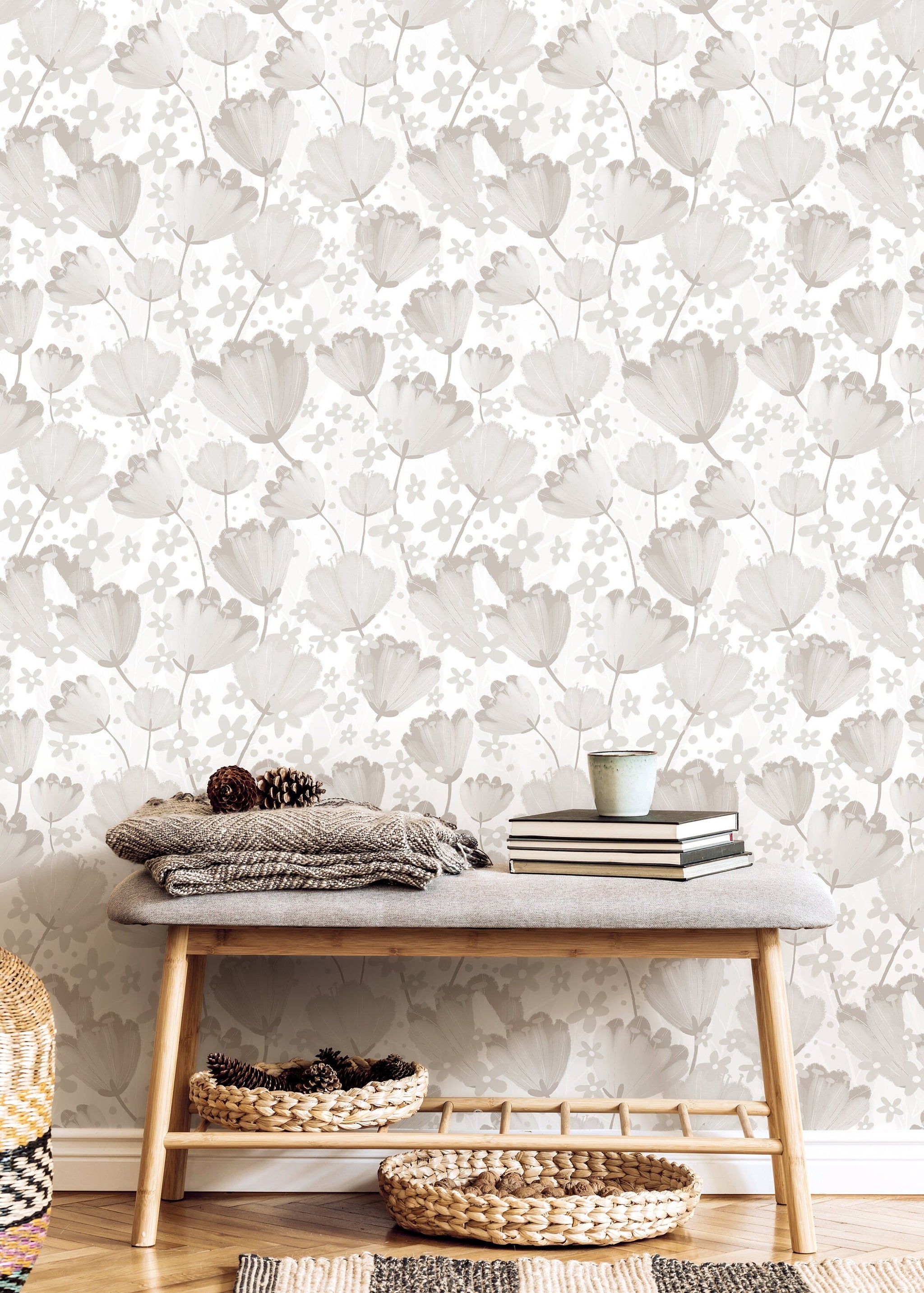 Neutral Minimalist Flower Wallpaper / Peel and Stick Wallpaper Removab ...