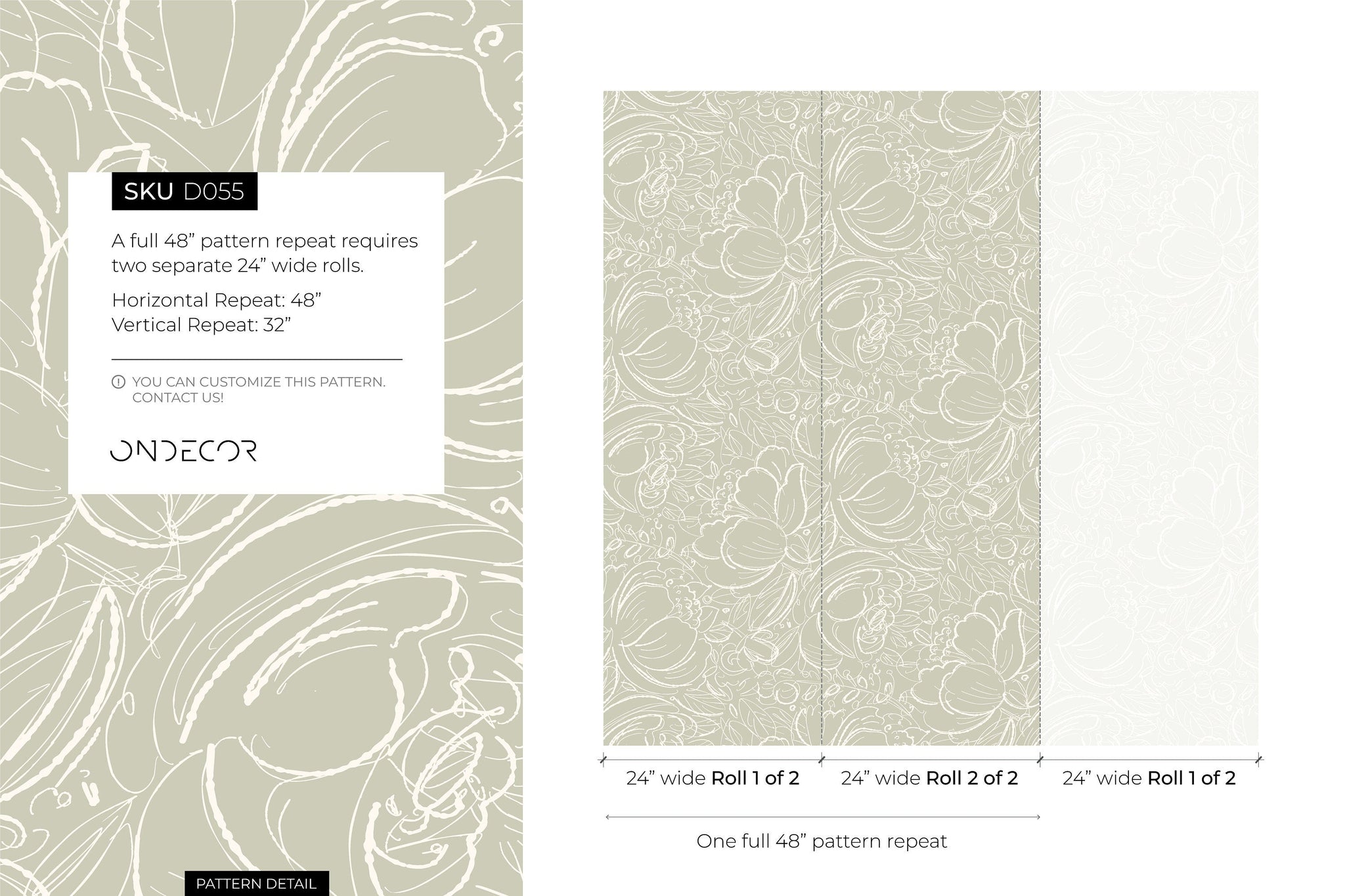 Green Floral Hand Drawing Wallpaper / Peel and Stick Wallpaper Removab ...