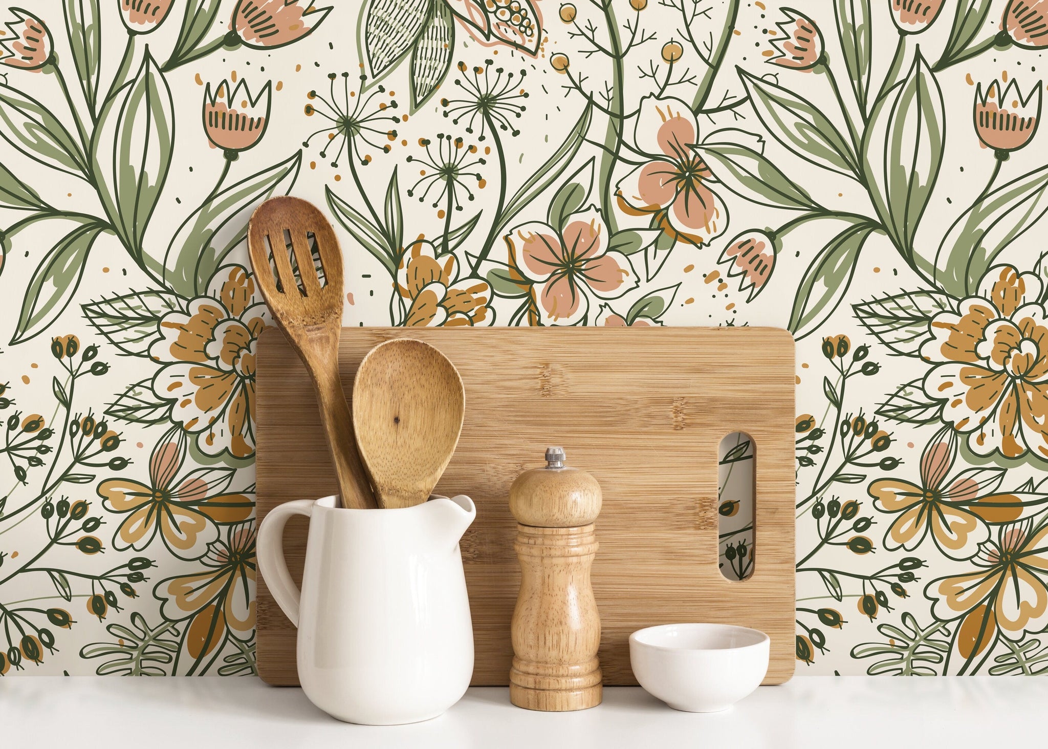 Floral Garden Hand Drawing Wallpaper / Peel and Stick Wallpaper Remova ...