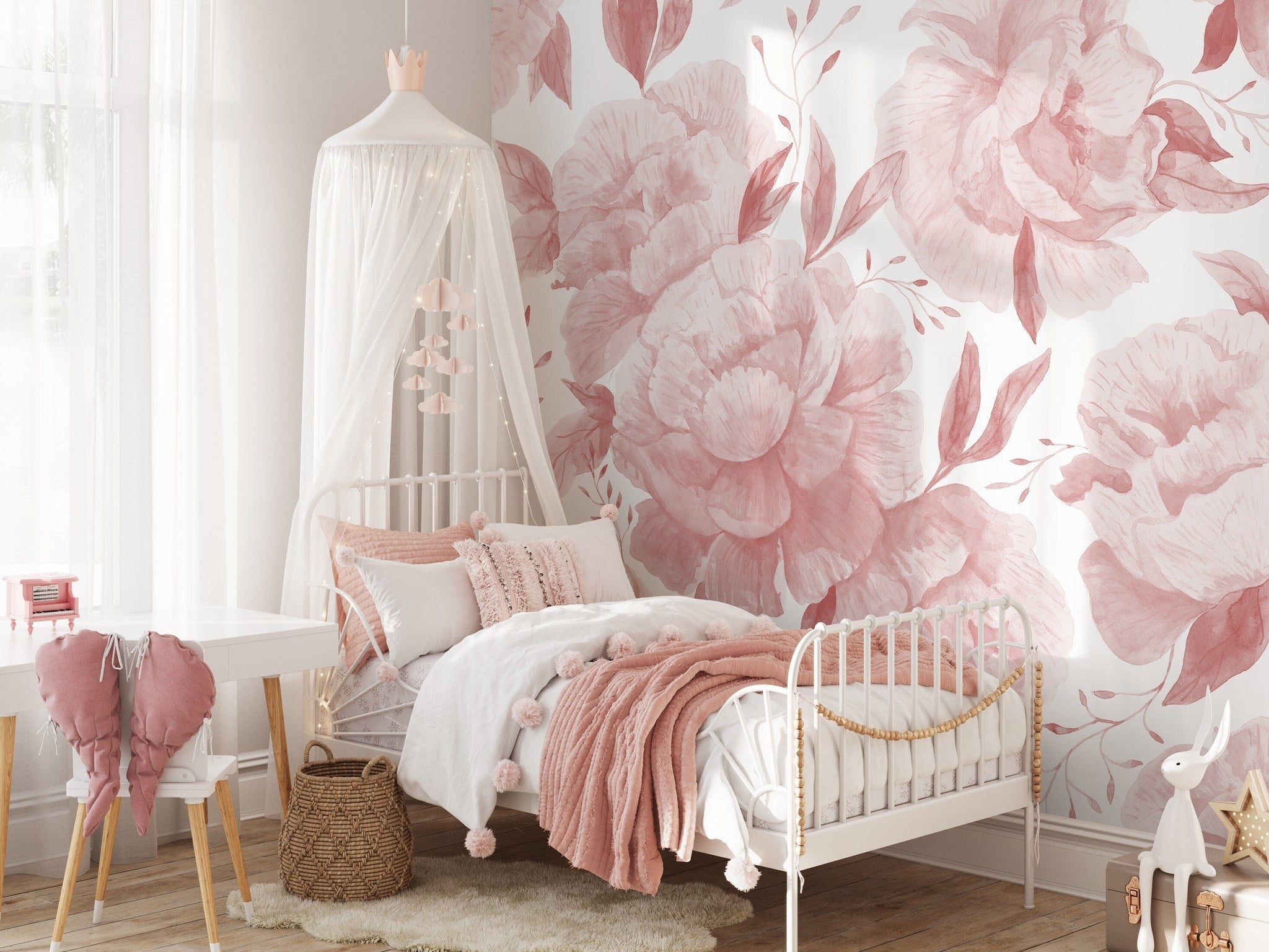 Pink Roses Mural Wallpaper / Peel and Stick Wallpaper Removable Wallpa ...