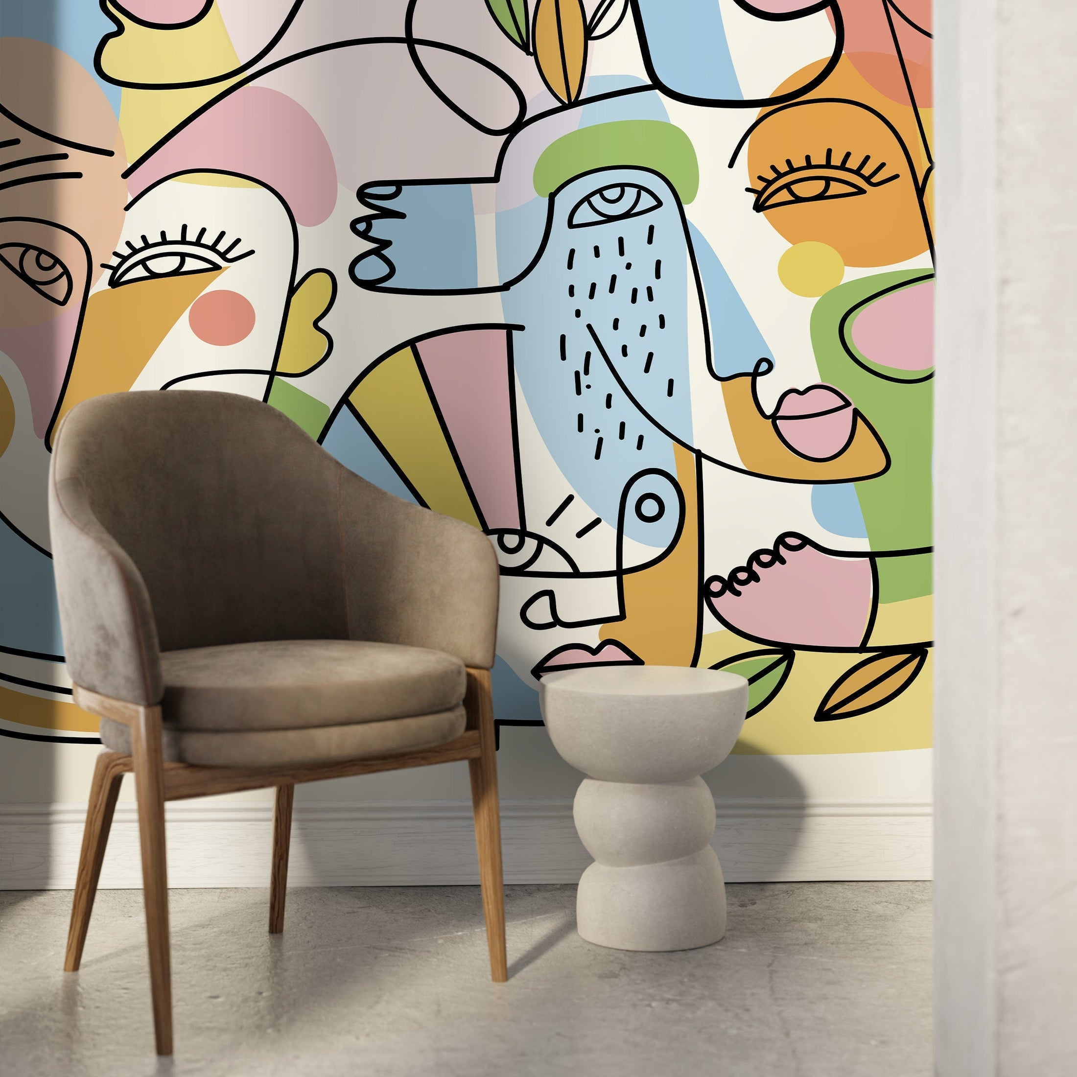 Abstract Line Art Faces Wallpaper Modern Mural Peel and Stick Wallpape ...