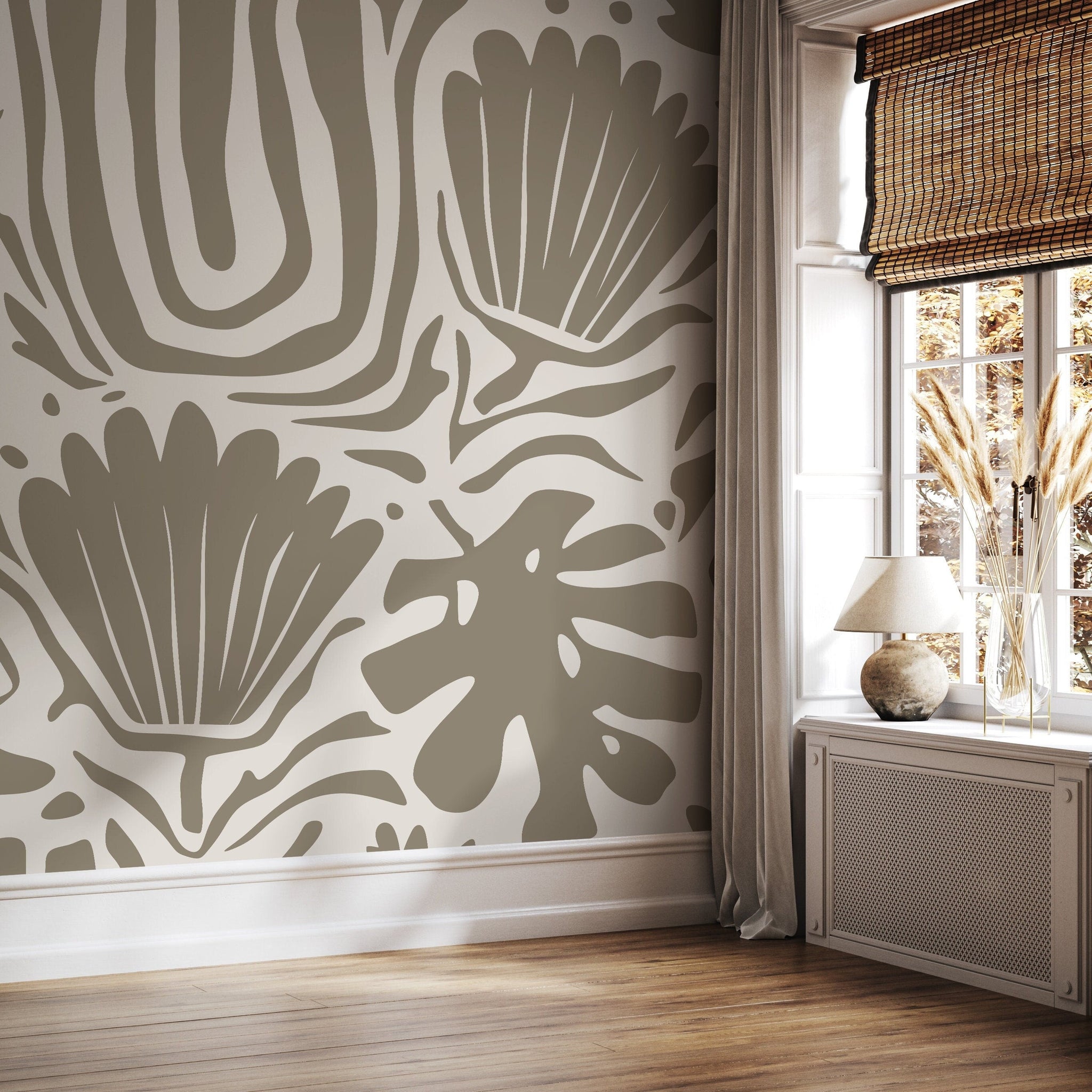 Beige Floral Abstract Wallpaper Large Modern Mural Peel and Stick and ...