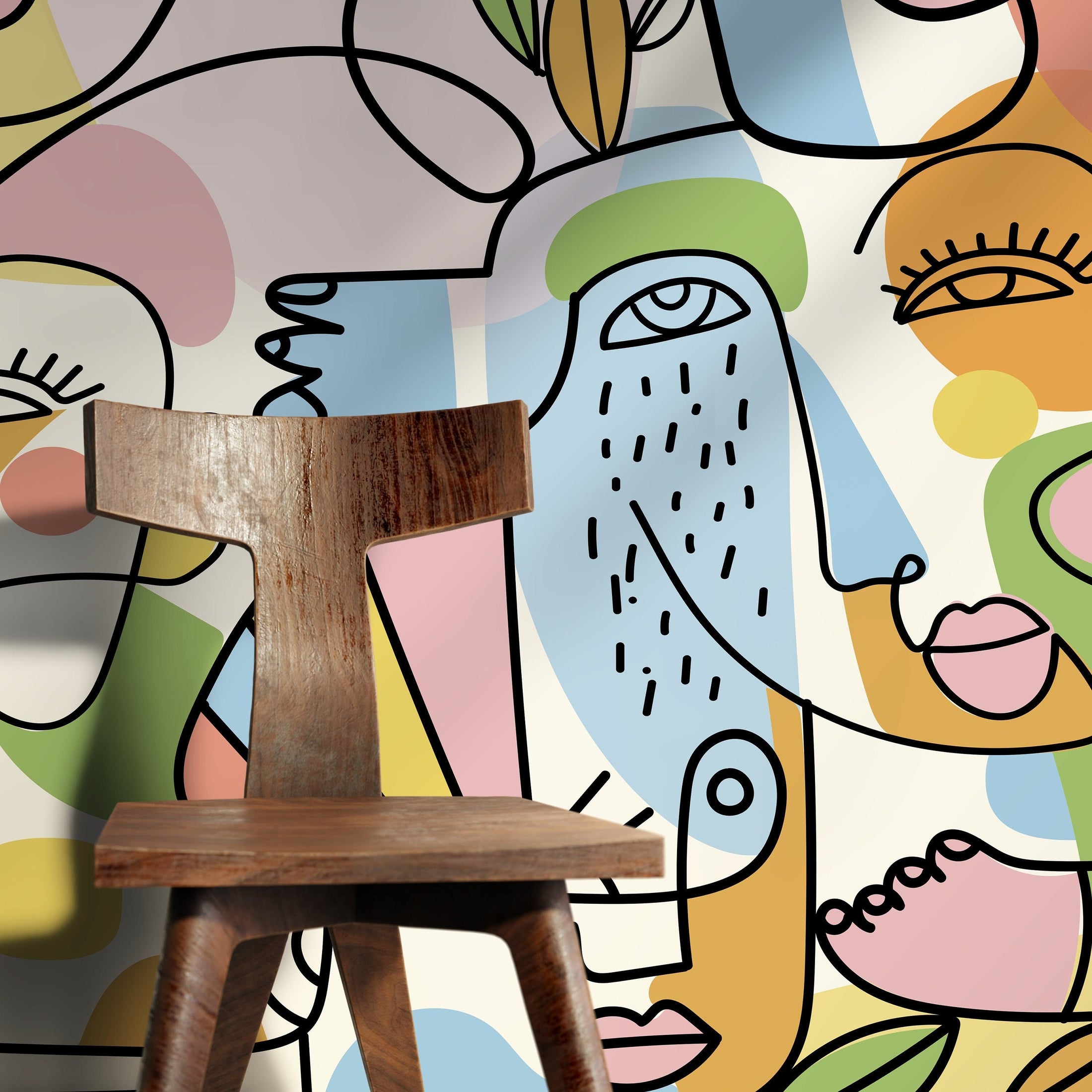 Abstract Line Art Faces Wallpaper Modern Mural Peel and Stick Wallpape ...