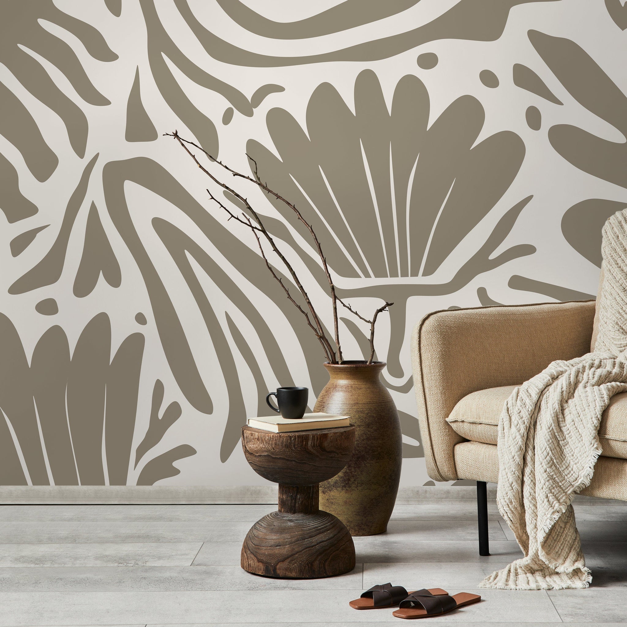 Beige Floral Abstract Wallpaper Large Modern Mural Peel and Stick and ...