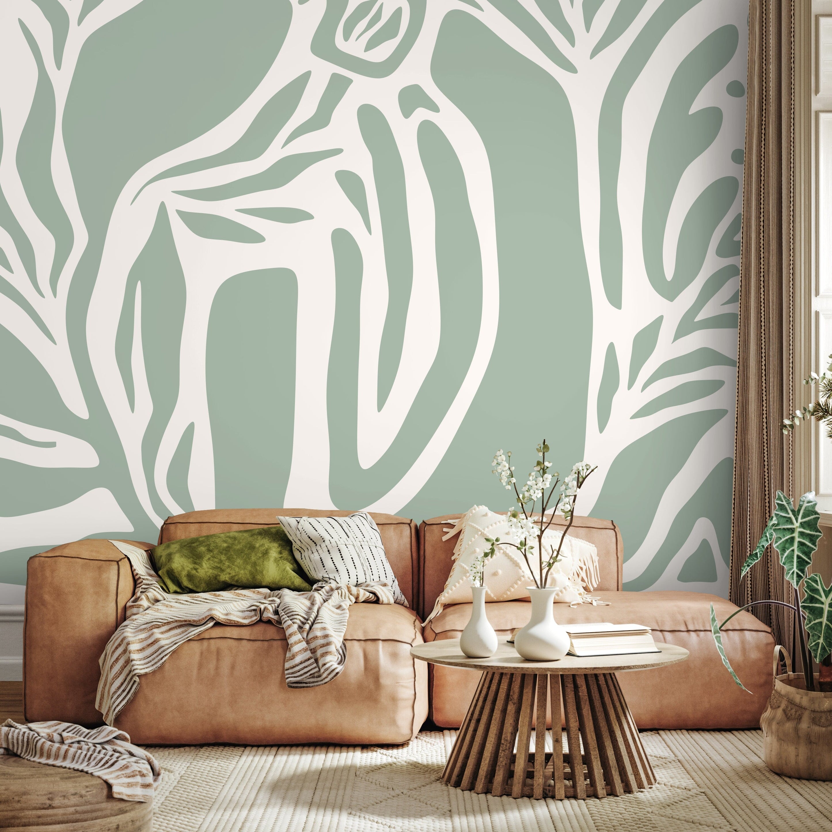 Light Green Abstract Art Wallpaper Large Boho Wallpaper Peel and Stick ...