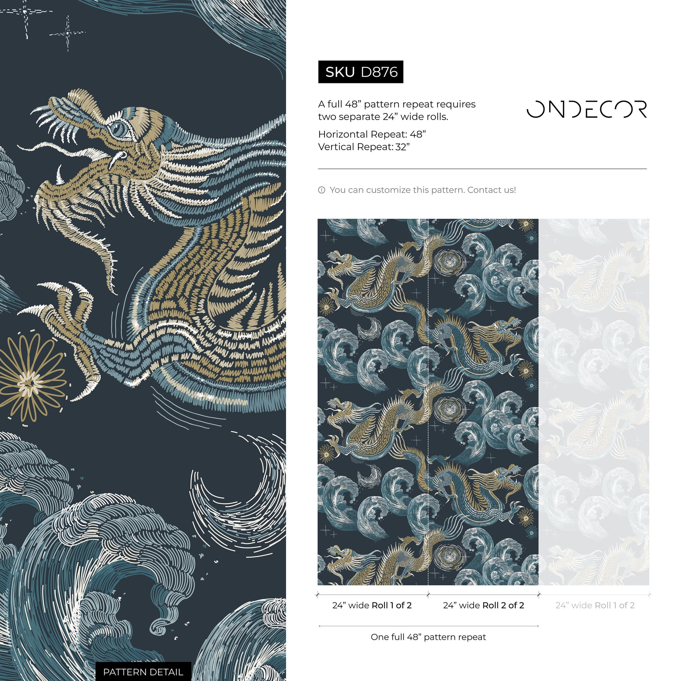Blue Chinoiserie Wallpaper Vintage Dragon Wallpaper Peel and Stick and